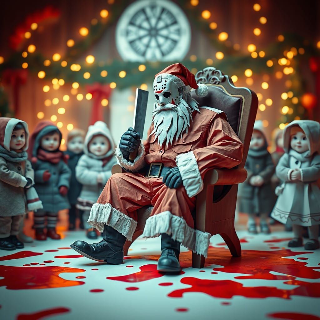 Santa dressed as Jason Voorhees, kids waiting in line to sit on his lap ...