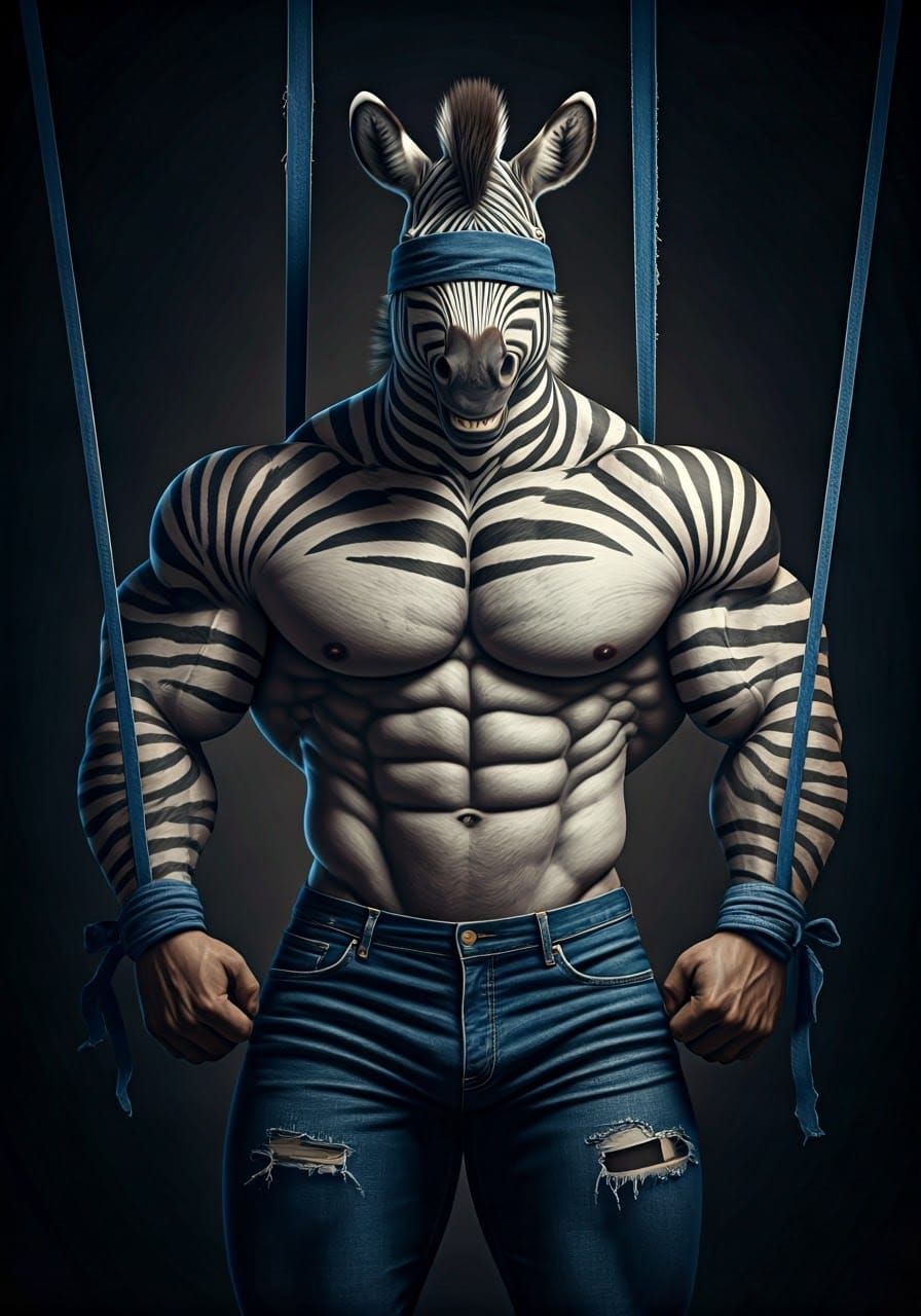 The Embrace of Denim - Hypermuscular Zebra in Denim Bondage