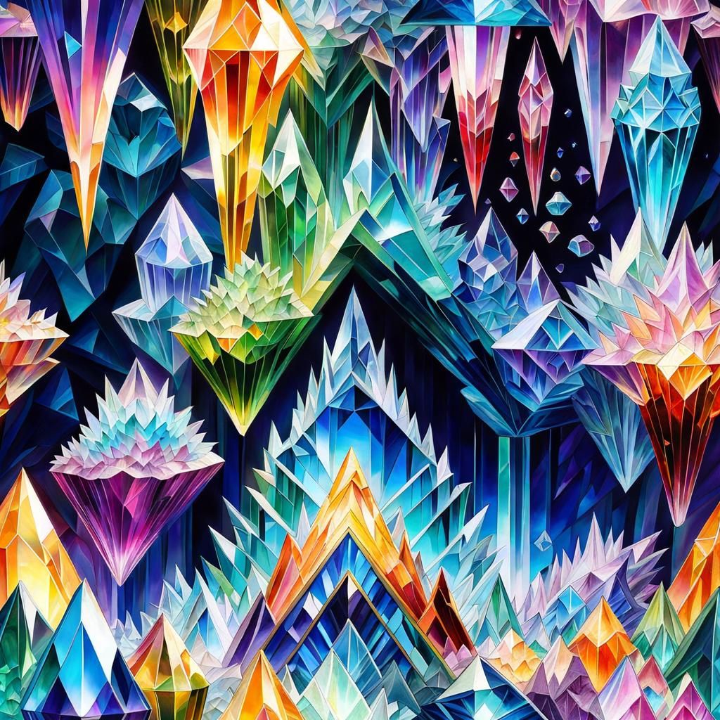 "sharp Crystal filled cave, large colorful crystals, refraction ...