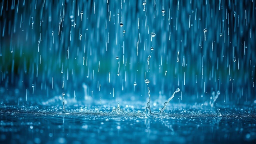 A close-up view of a heavy rainstorm with raindrops cascading down ...