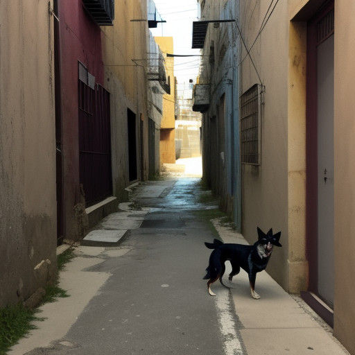 Stray dog in alley - Scruffy Street Dog in a City Alley