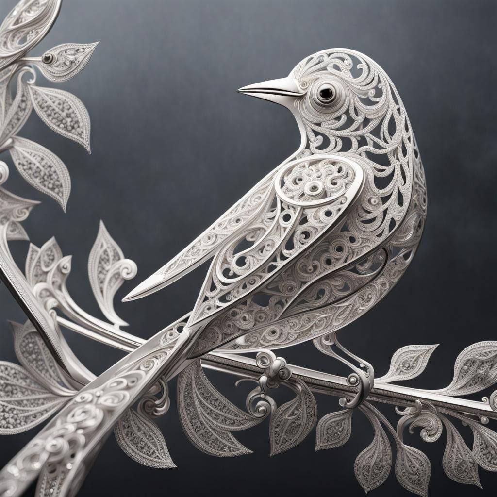 White metal filigree bird with diamonds - AI Generated Artwork ...