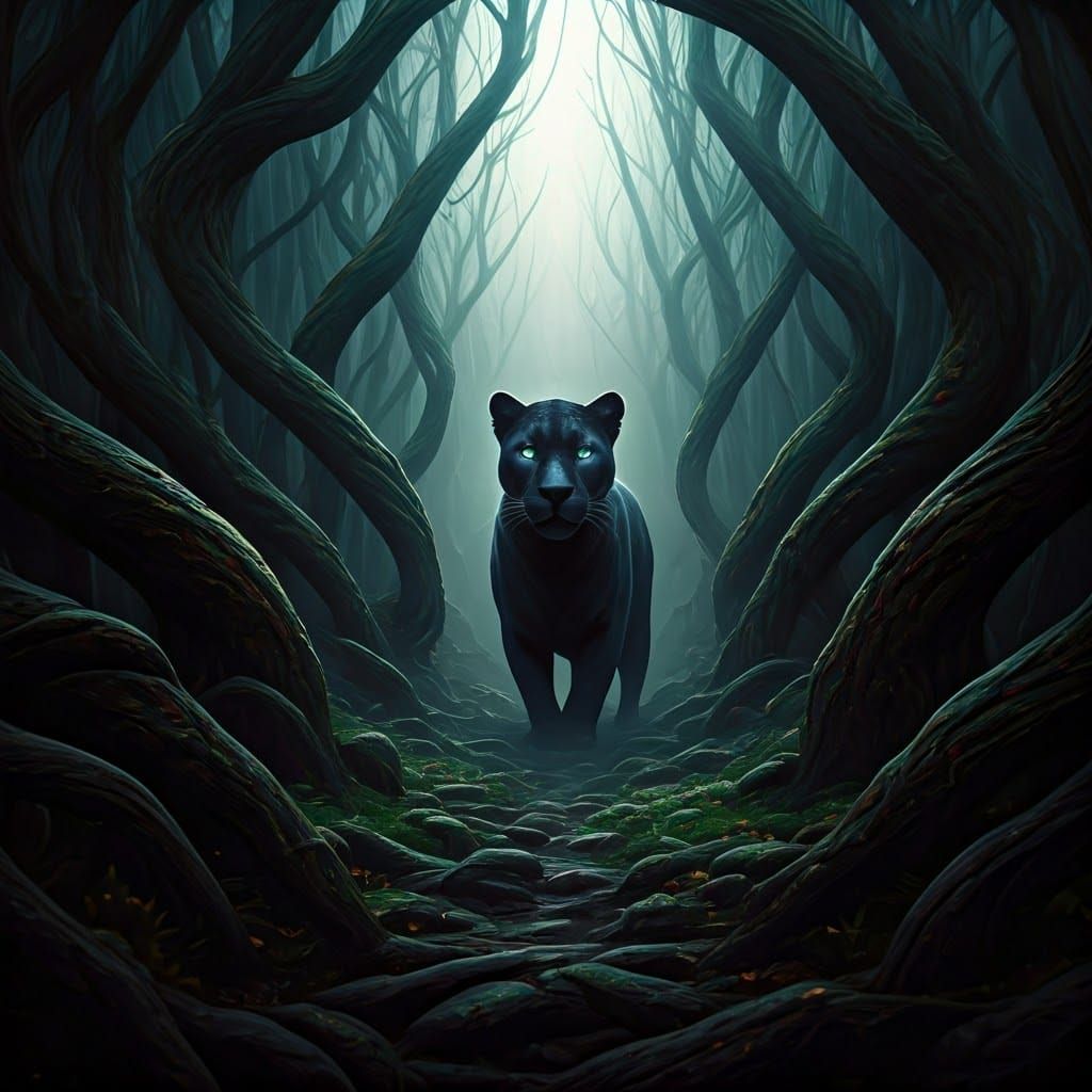 Schwarzer Puma - Dark Puma Emerges from Mystical Forest
