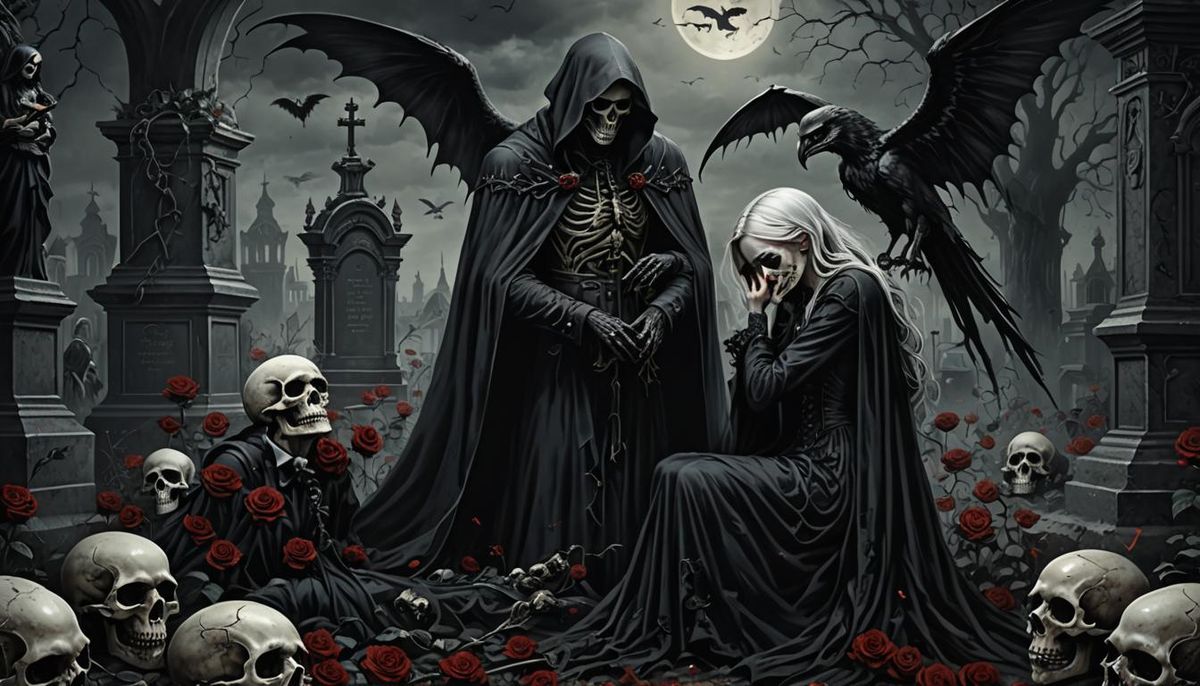 Gothic woman mourning and crying near her lover's grave while both the ...