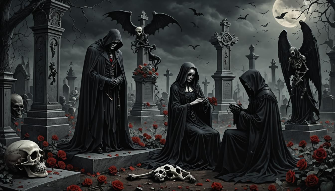 Gothic woman mourning and crying near her lover's grave while both the ...