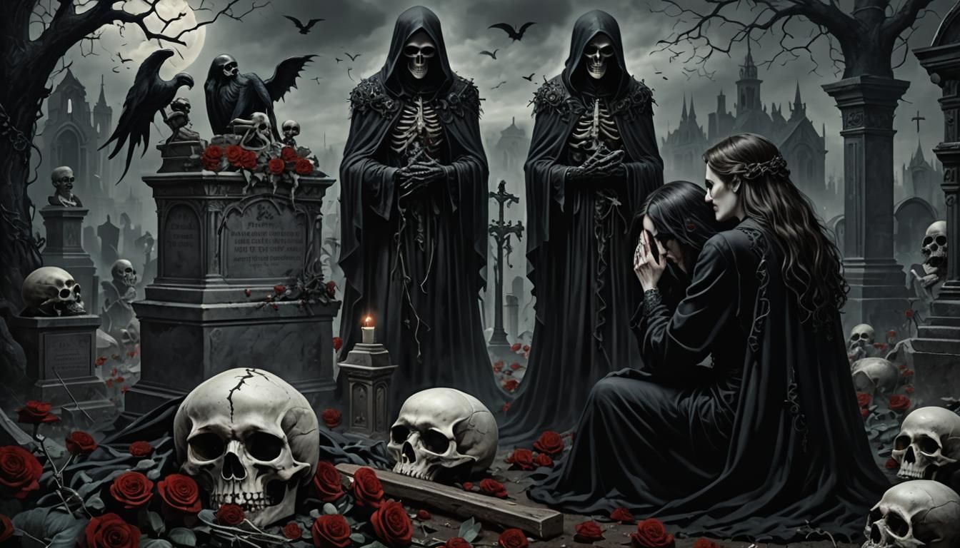 Gothic woman mourning and crying near her lover's grave while both the ...