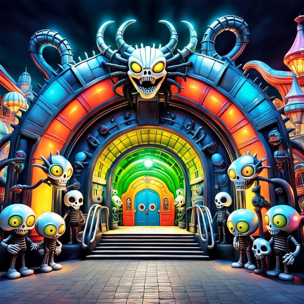 Colorful Entrance to a Theme Park, cartoon characters, whimsical and ...