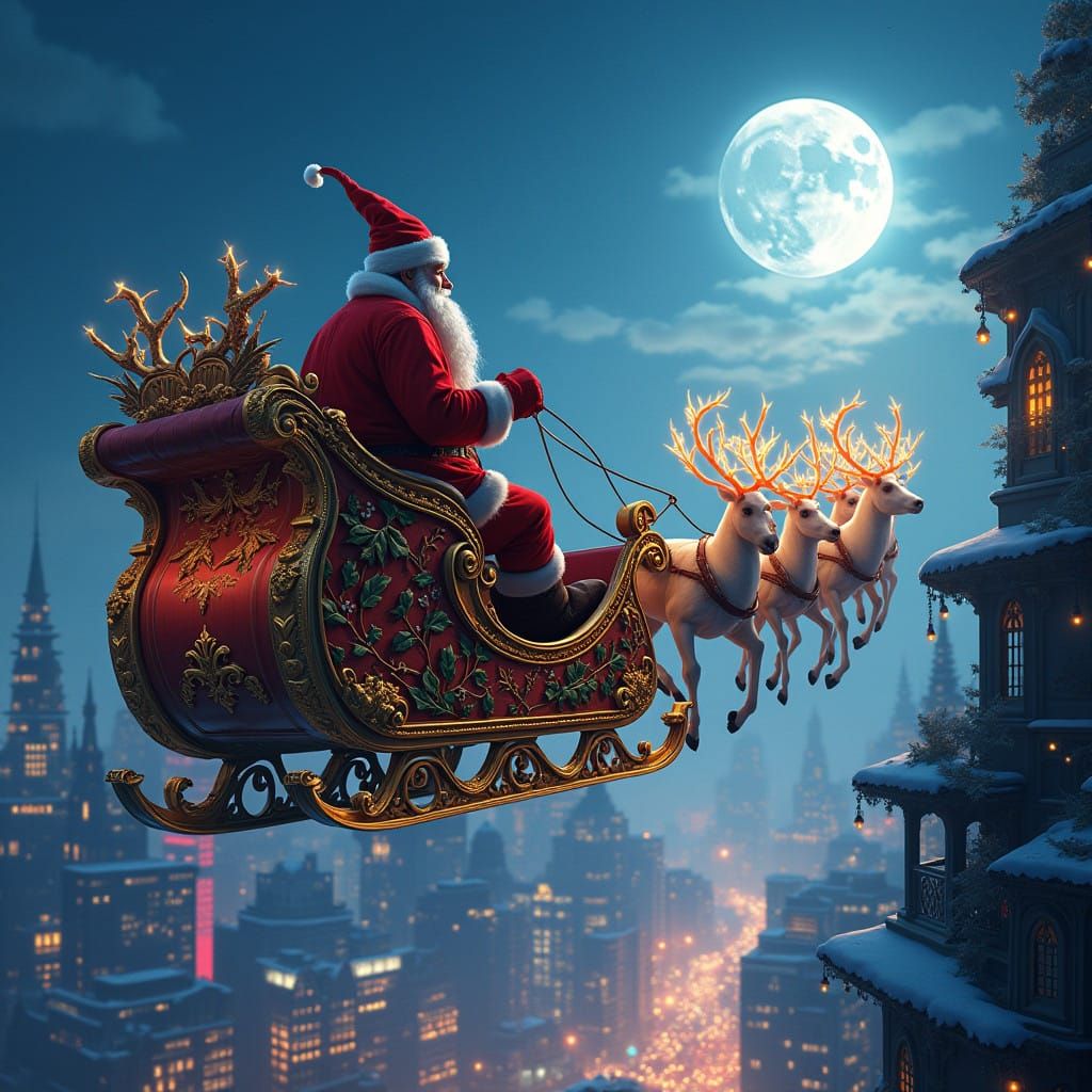 Santa Claus Soars Above City in Majestic Matte Pai... - AI Art