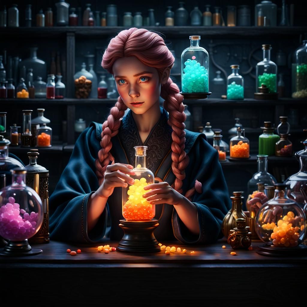 Scientist fairy holding a glowing potion in a dark lab - AI Generated Artwork - NightCafe Creator