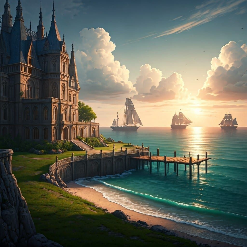 Ethereal Beachside Mansion with Majestic Ships and... - AI Art