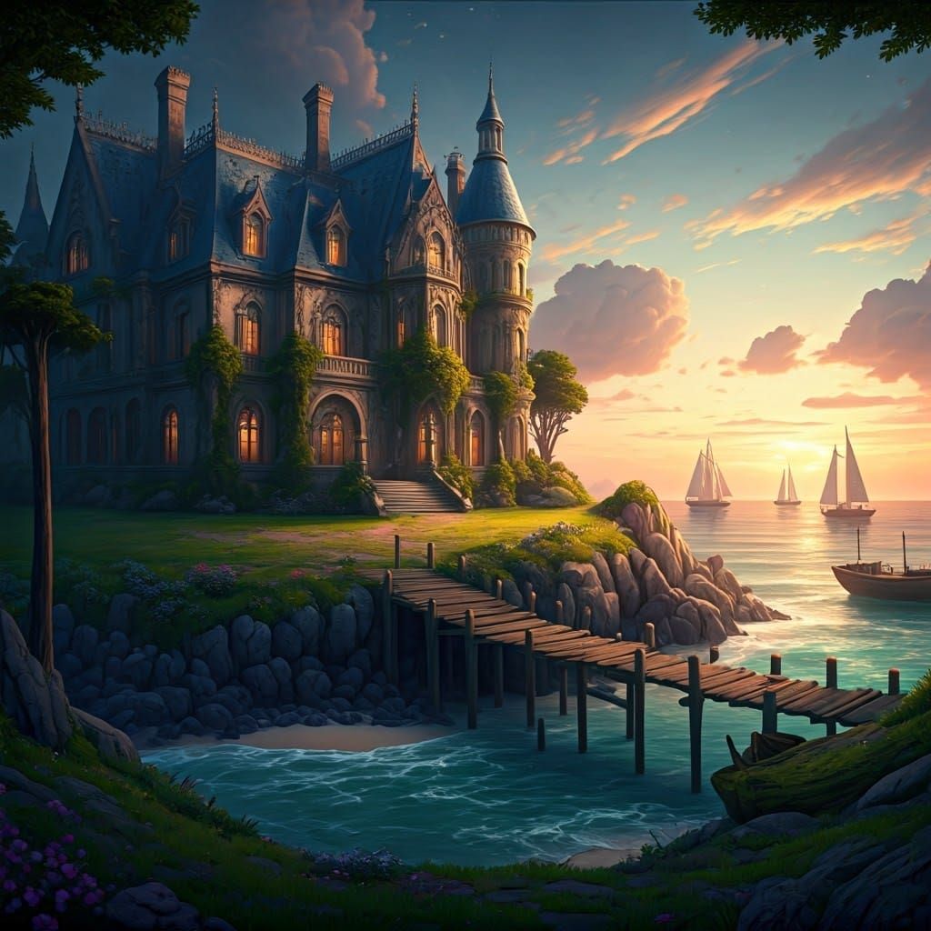 Ethereal Beachside Mansion with Turrets and Rollin... - AI Art