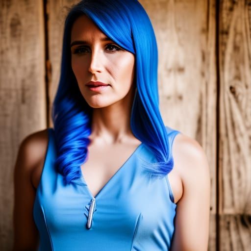 Emily in blue - Blue Haired Woman in Red Dress on Farm