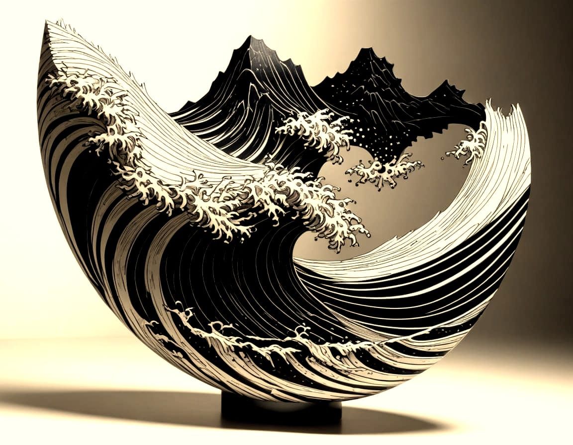 Woodcut Print in Hokusai Style on Wooden Block - AI Art