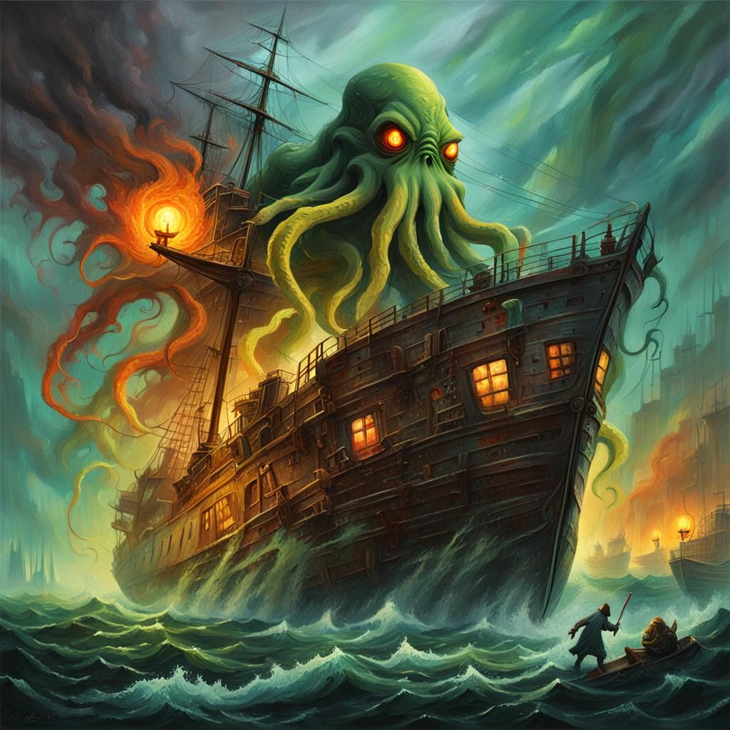 Cthulhu attacking ship - AI Generated Artwork - NightCafe Creator