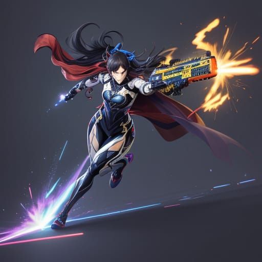 Comic Superhero Figure Runs with Neon Nerf Blaster... - AI Art