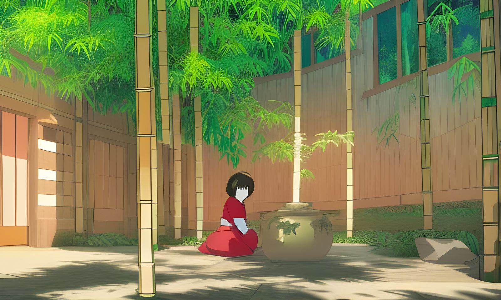 Lady in Japanese bamboo Dojo Courtyard Traditional Garden - AI ...