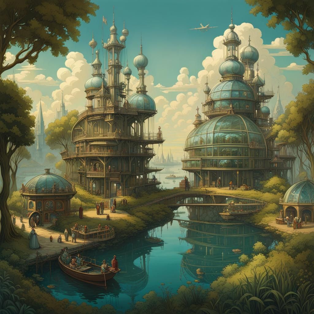 Utopian Worlds, Victorian city, greenhouses, transportation, recreation ...