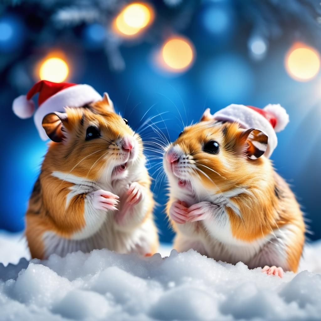 two cute Christmas hamsters, snow, blue, rays of grazing sun, Christmas ...