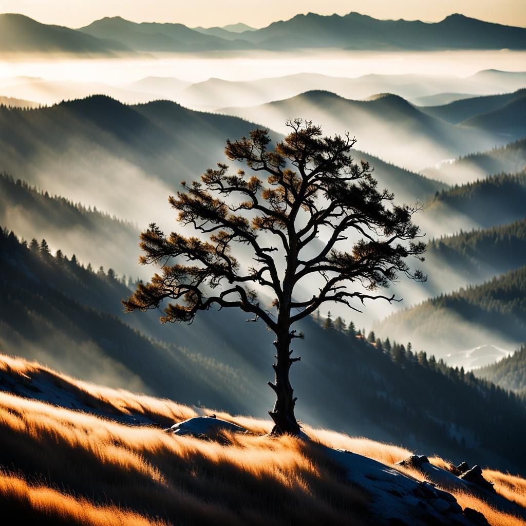 A singel tree on a mountain - Mountain Tree Silhouette in Wa...