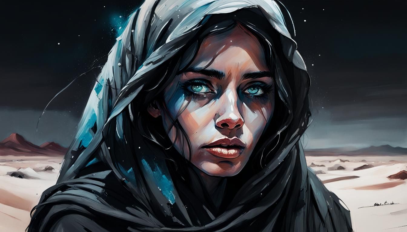 Comic Noir Expressionism, beautiful bedouin woman, desert ...