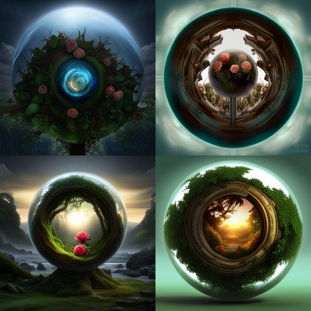 big orb,orb made of glass,a few roses around the orb,tree growing in ...
