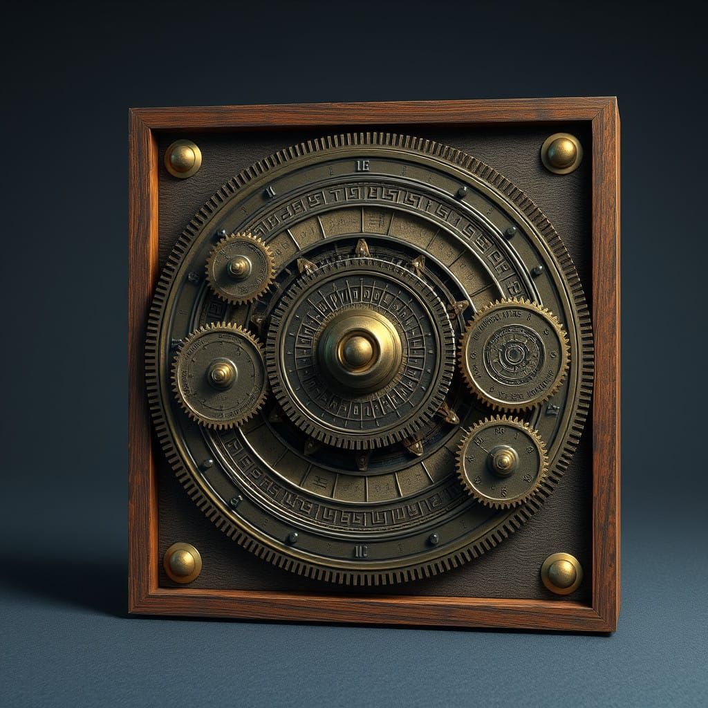 Ancient Greek Bronze Gearwork Computer in Wooden F... - AI Art