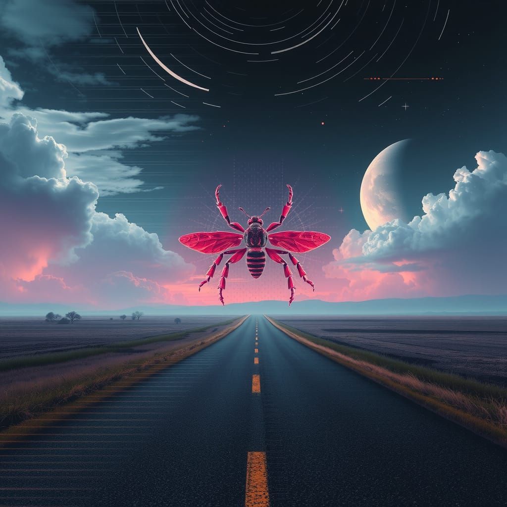 Dreamcore style, a open field road, to a digital glitch bug big square ...