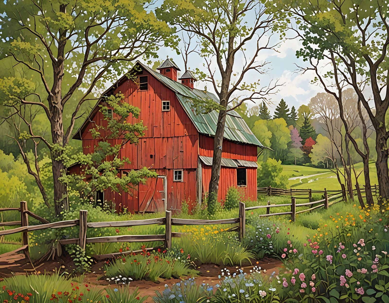 Impressionist Red Barn Scene in Bloom - AI Art