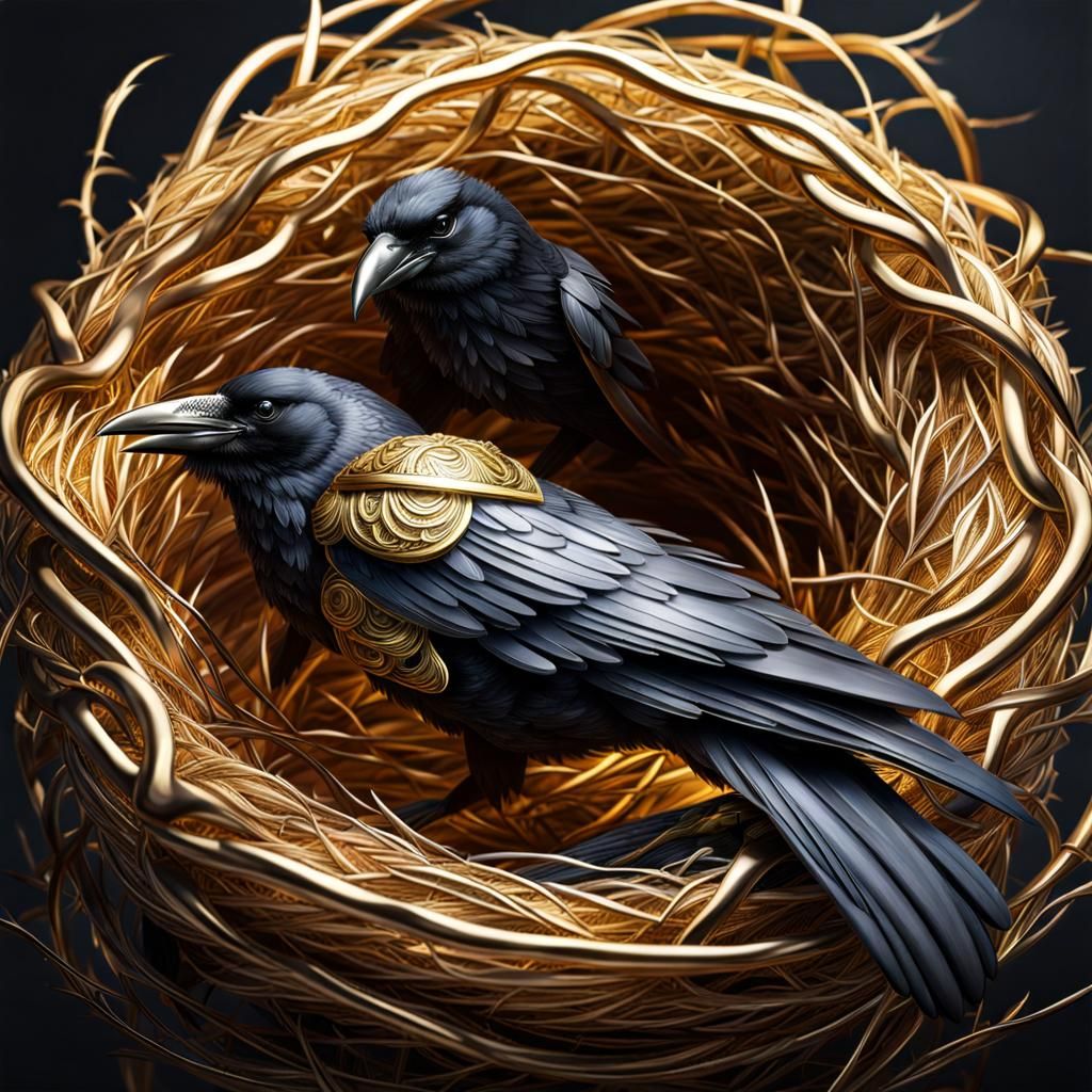 (Raven bird:1.2) making its (nest bird:1.1) with shiny gold and silver ...