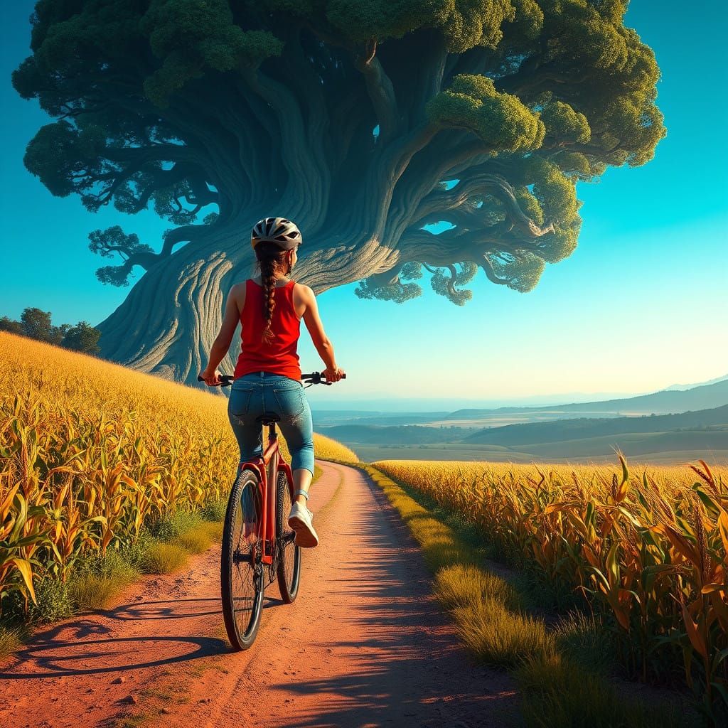Young Woman Pedals Towards a Dreamlike Tree Struct... - AI Art