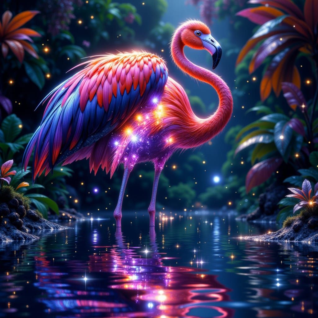 Flamingo Series - 6 - Vibrant Flamingo in Cosmic Holographic...