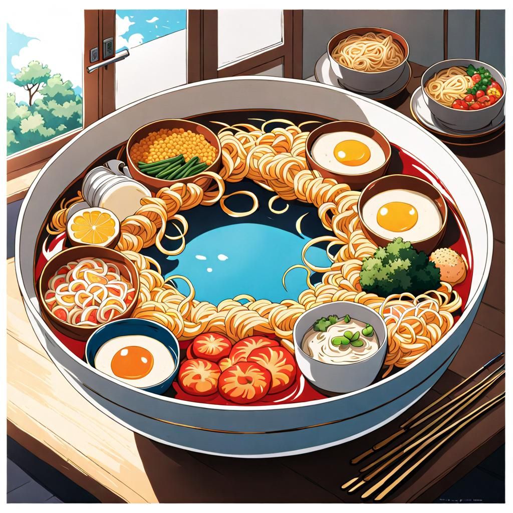 Giant pool shaped like a bowl, filled with ramen. - AI Generated ...
