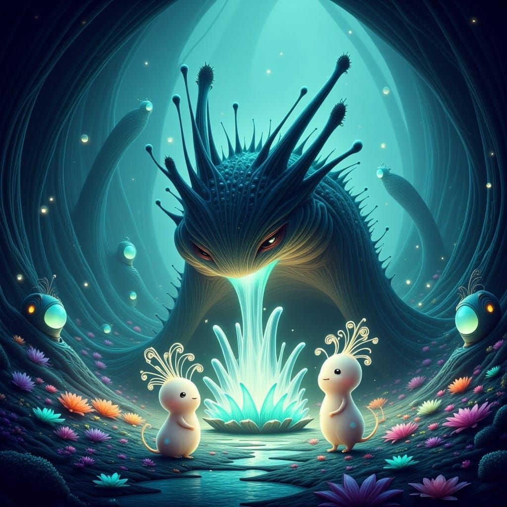 image of a dragon-creature feeding its babies. Icy cavern in background ...