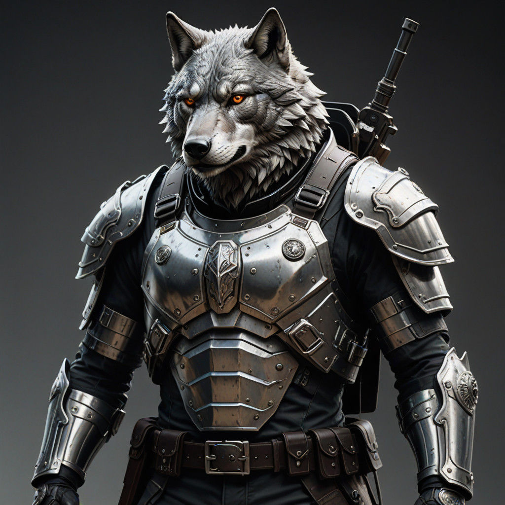 A realistic, full-body sci-fi armored wolf warrior, adorned with a ...