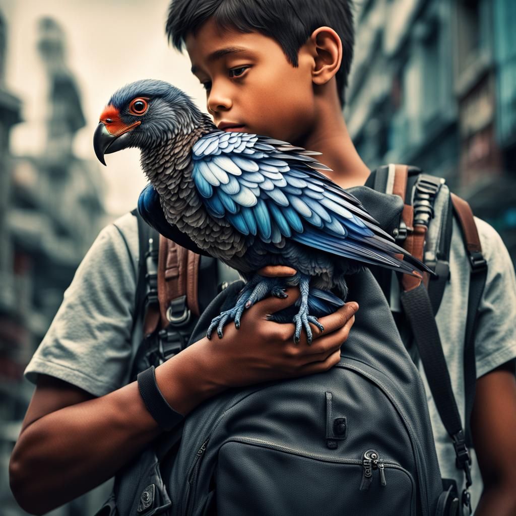 a cyborg pet bird sitting on a boy's shoulder intricate details, HDR ...
