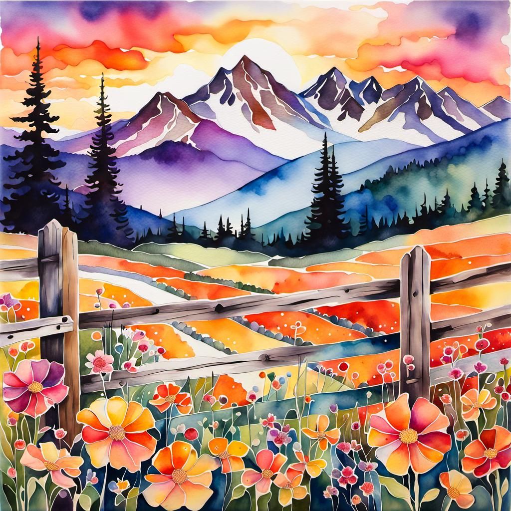 alcohol ink cosmo flower garden, next to split rail fence, vivid colors ...