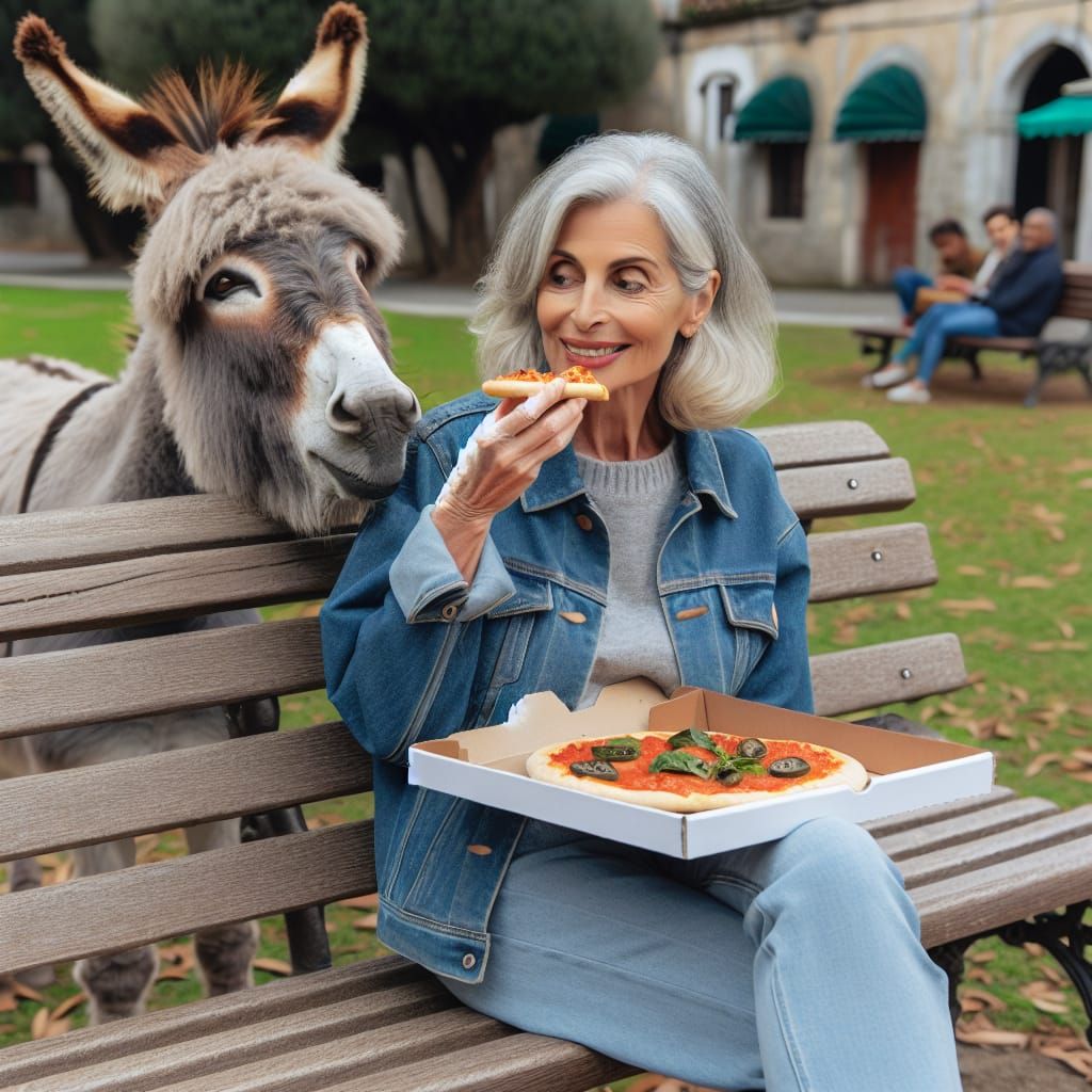 Grey Haired Woman Enjoying Pizza with Donkey Gaze - AI Art