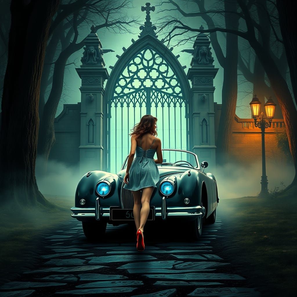 Gothic Surrealism: Mysterious Woman and 1950 Jagua... - AI Art