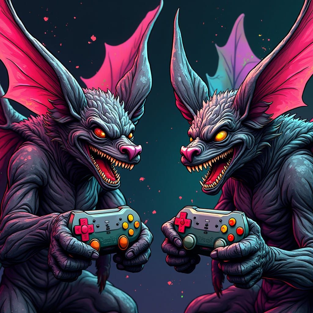 Bold Bats Clash with Vibrant Remote Controls in Ne... - AI Art
