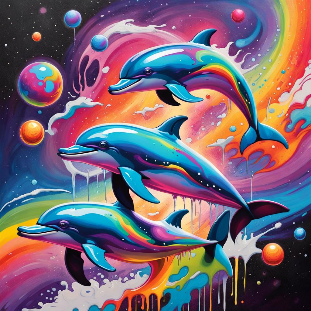 rainbow dolphins in space, Lisa Frank inspired - AI Generated Artwork ...