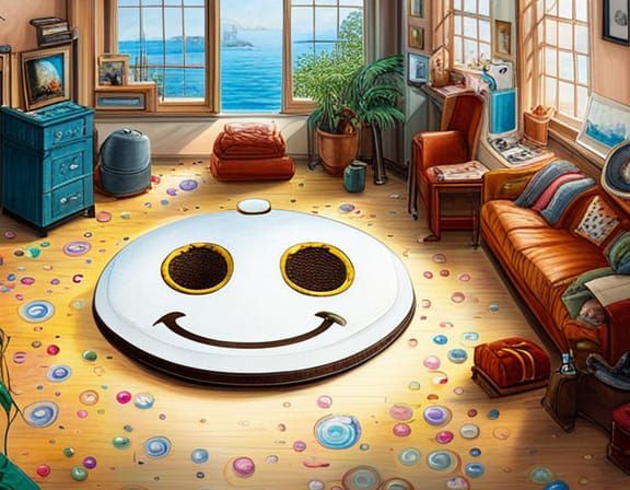 ROOMBA with smiley face painting floor beautifully with colorful ...
