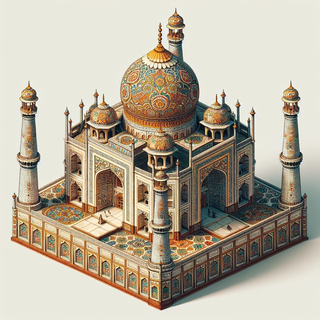 mandala pattern building taj mahal, isometric view, intricately ...
