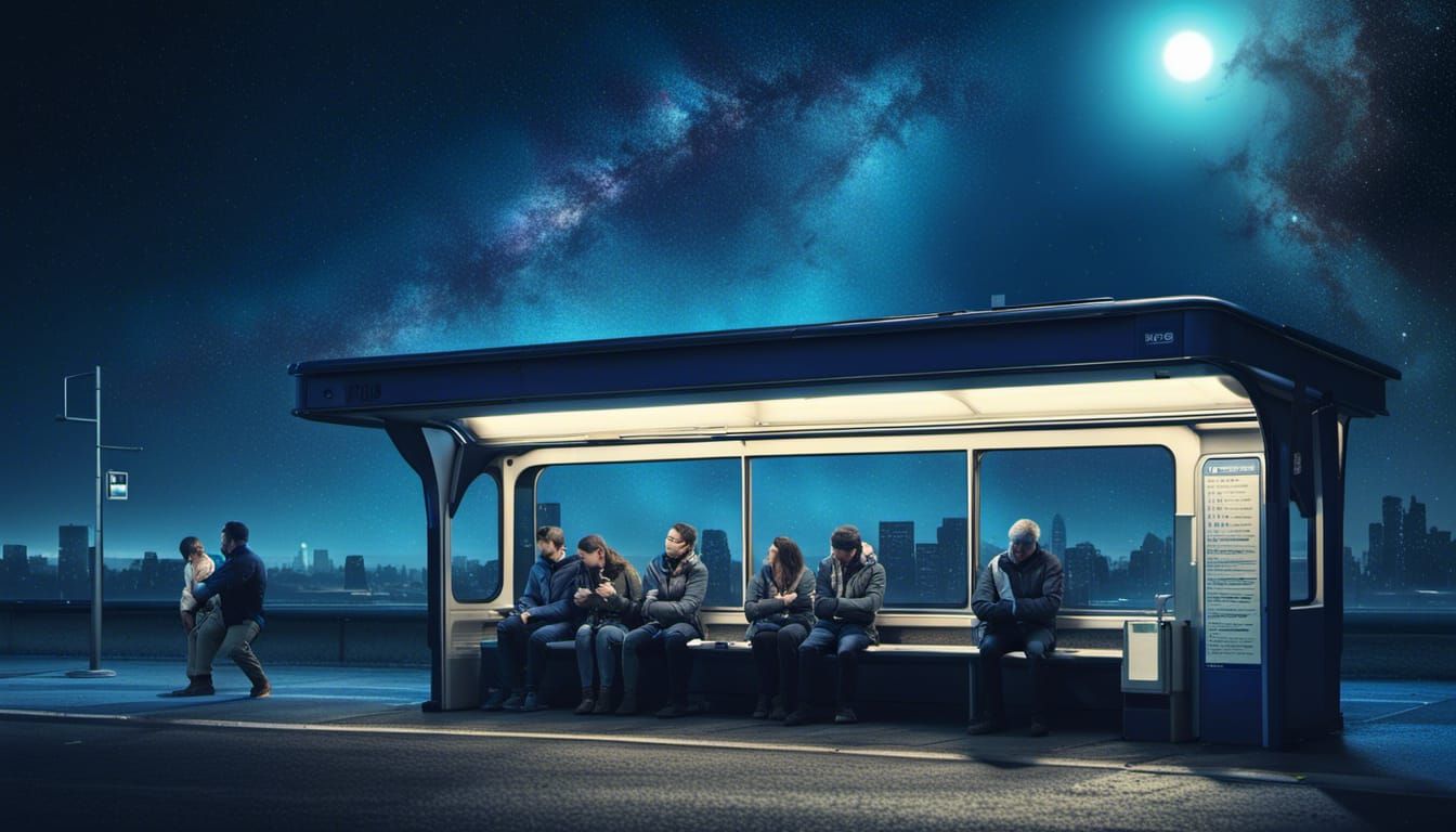 Bus stop in the city with many people waiting for the bus - AI ...