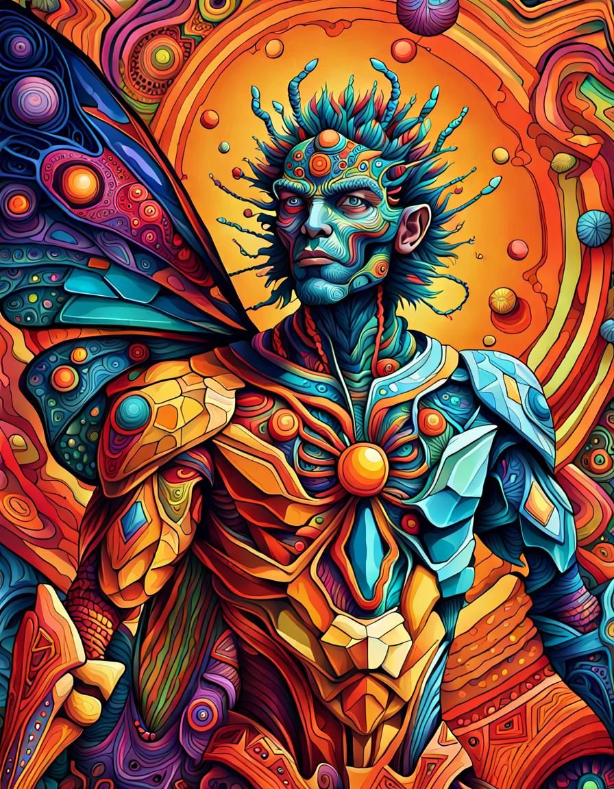 (Hyper detailed portrait of a humanoid insect man in psychedelic strong colors:1,8) made of ...