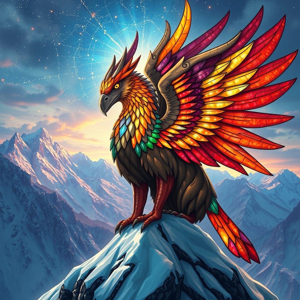 Stained Glass Griffin on Snowy Peak in Art Nouveau... - AI Art