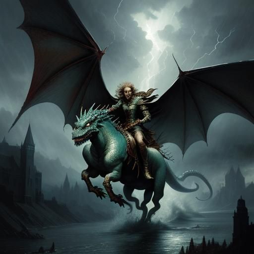 princess riding a dragon in a thunderstorm - AI Generated Artwork ...