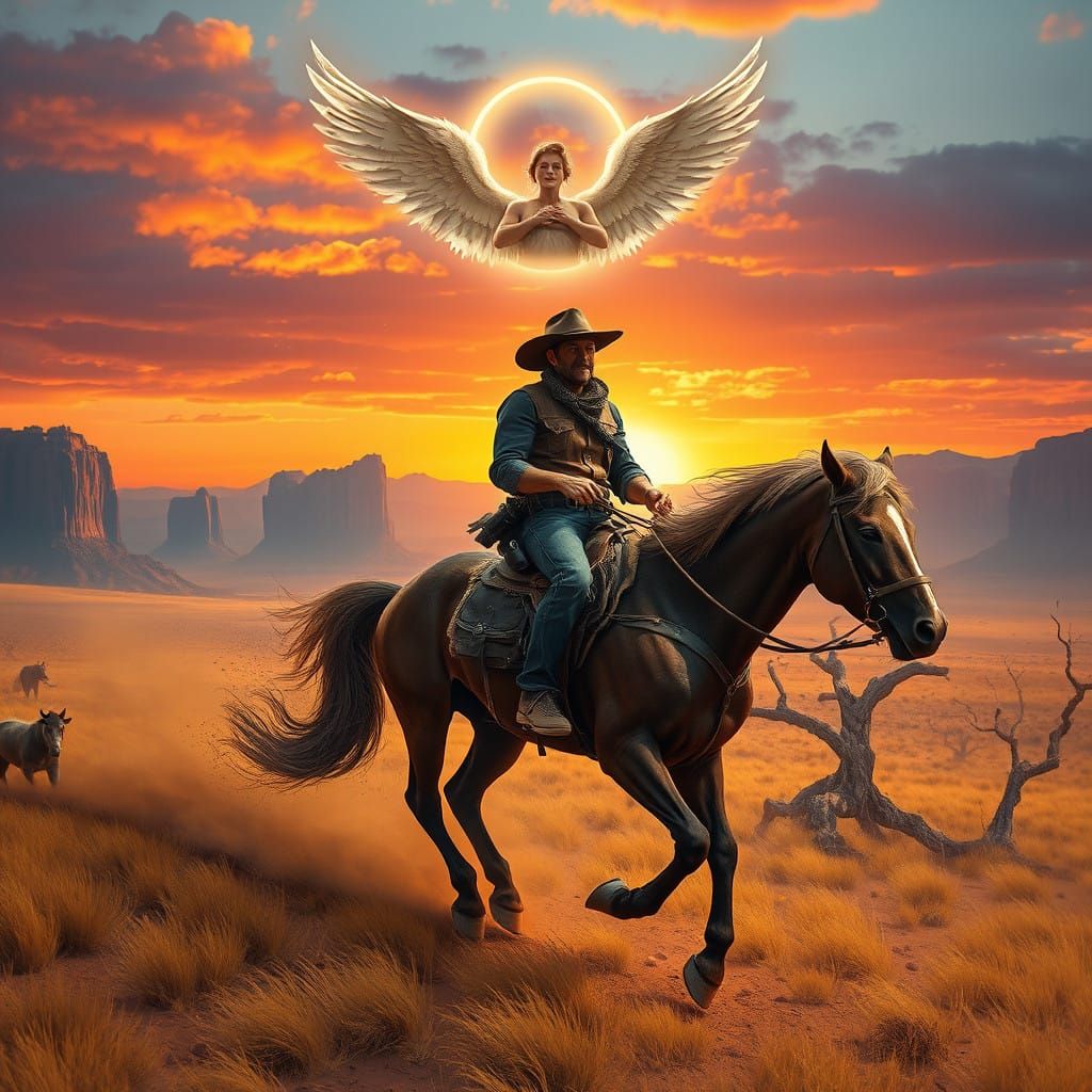 A cowboy taking his final ride. Hovering above in the sky is an angel ...