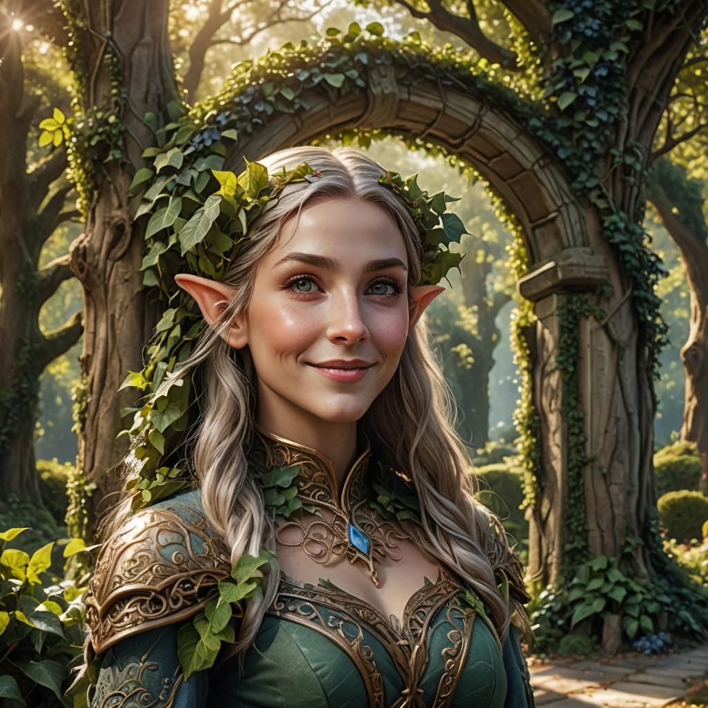 close-up of a richly dressed elf lady smiling and waiting us, two tree ...