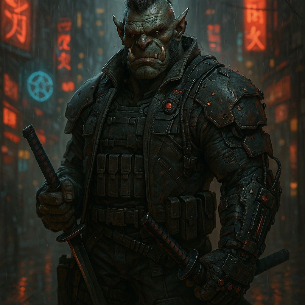 Shadowrun Troll Street Samurai in Cyberpunk Style - AI Art