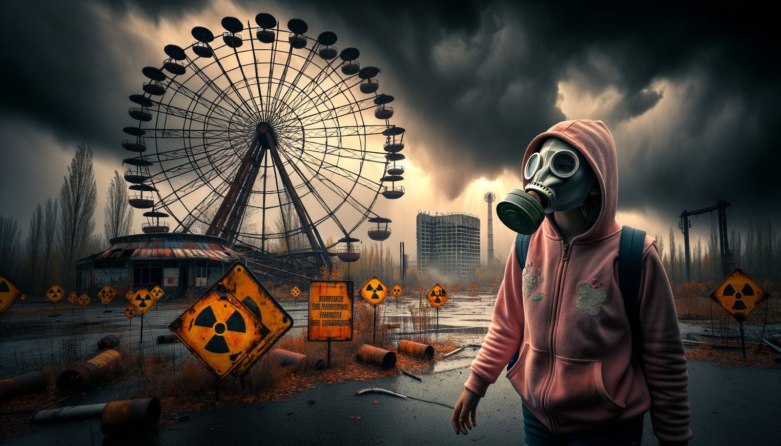 A child wearing a gas mask explores the ruins of an amusement park ...